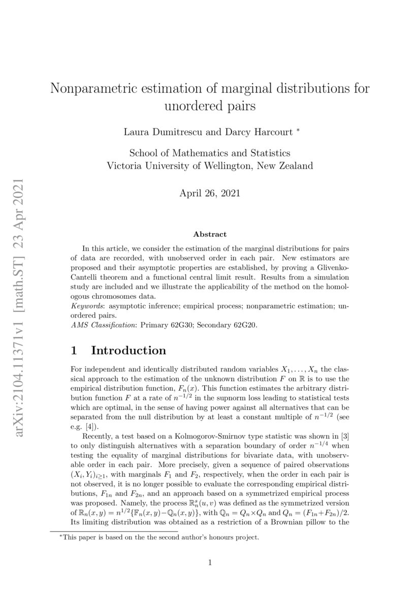 Nonparametric estimation of marginal distributions for unordered pairs | DeepAI