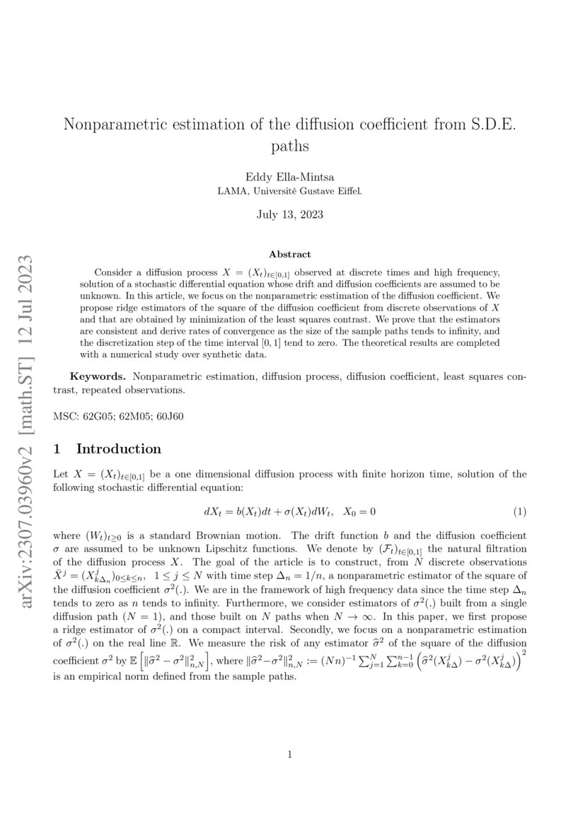Nonparametric Estimation Of The Diffusion Coefficient From S D E Paths