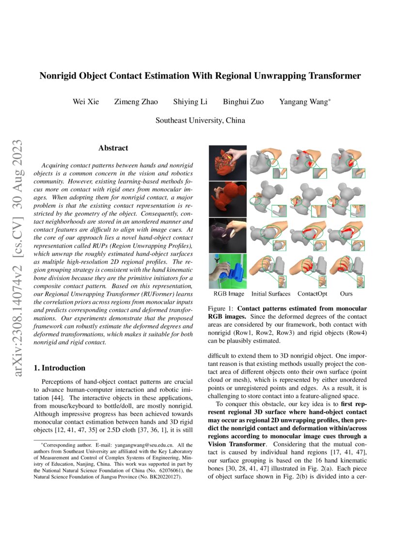 Nonrigid Object Contact Estimation With Regional Unwrapping Transformer Deepai