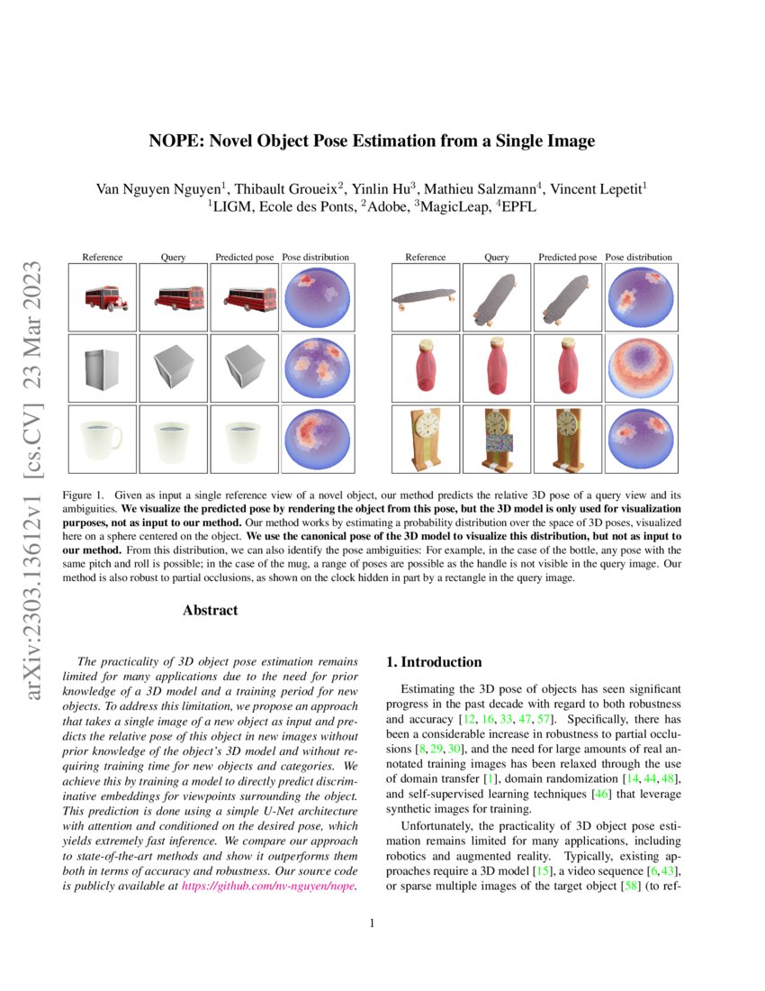 NOPE: Novel Object Pose Estimation from a Single Image | DeepAI