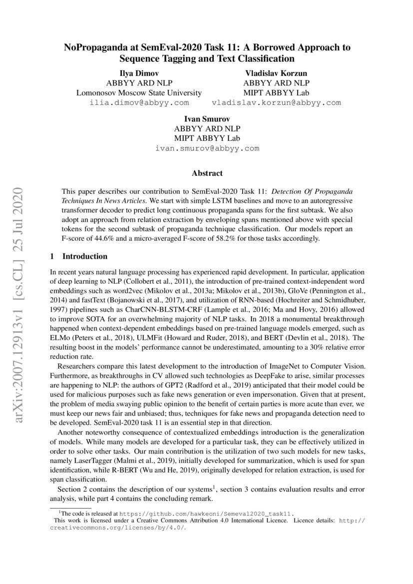 NoPropaganda at SemEval-2020 Task 11: A Borrowed Approach to Sequence Tagging and Text ...