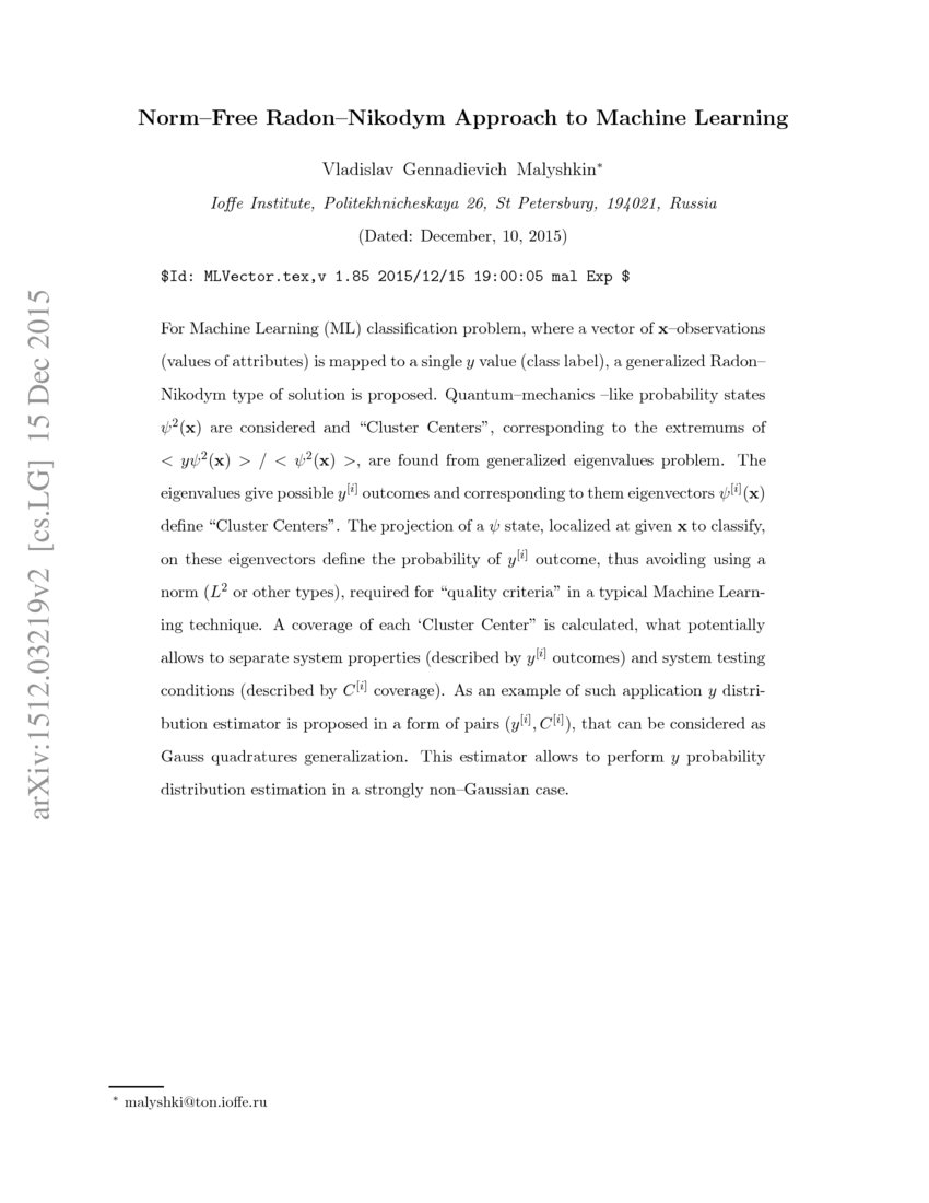 Norm-Free Radon-Nikodym Approach to Machine Learning | DeepAI