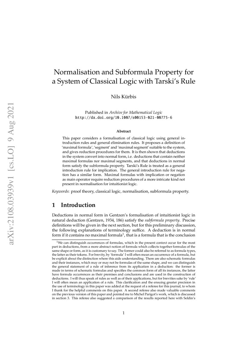 Normalisation and Subformula Property for a System of Classical Logic with Tarski's Rule | DeepAI