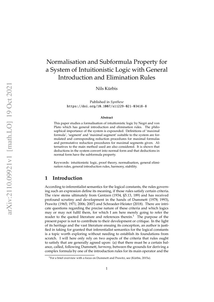 Normalisation and subformula property for a system of intuitionistic logic with general ...