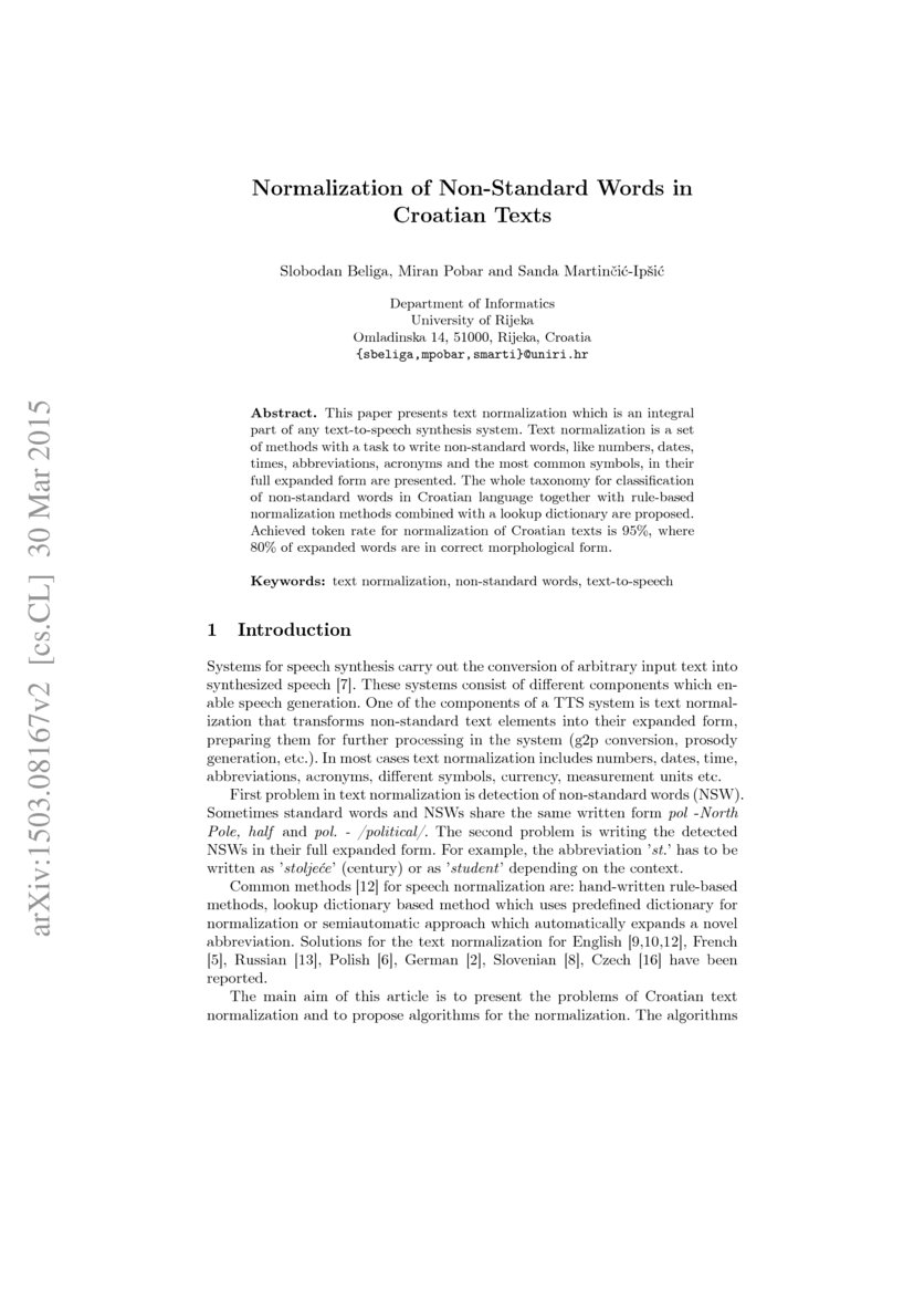 Normalization Of Non Standard Words In Croatian Texts Deepai