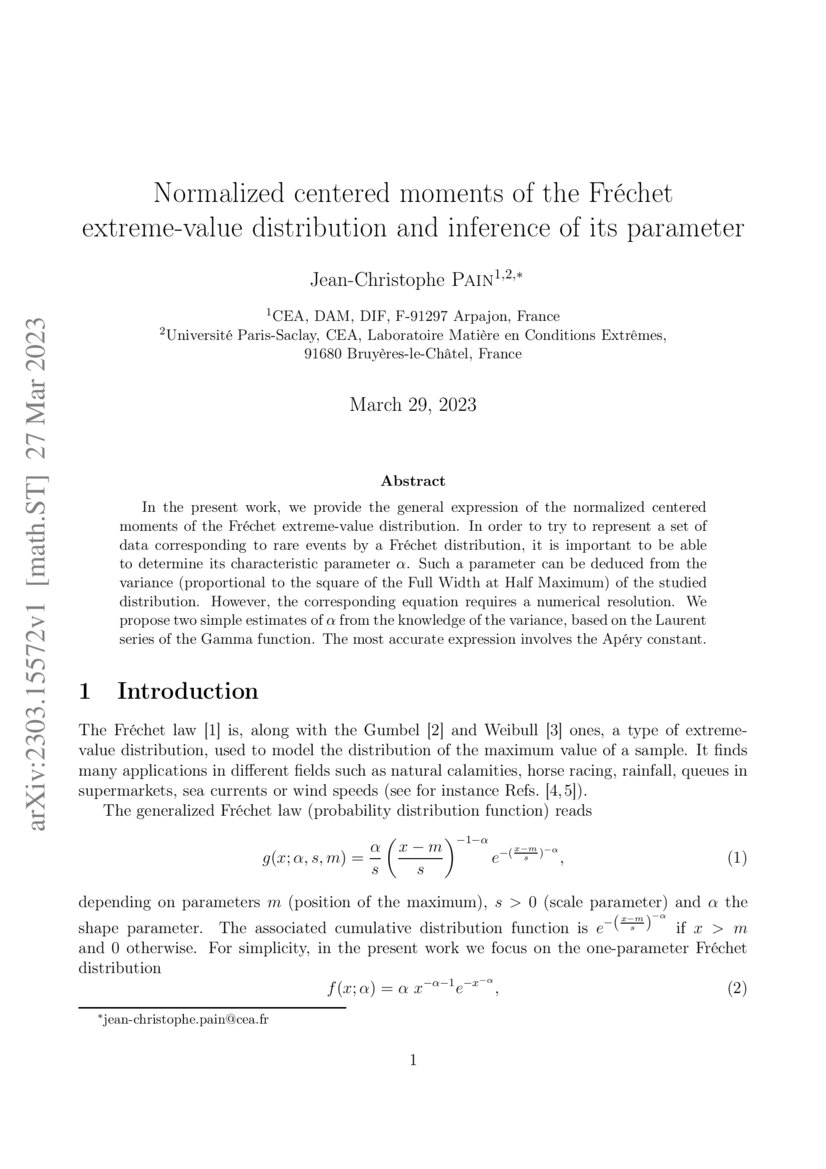 Normalized Centered Moments Of The Fréchet Extreme Value Distribution And Inference Of Its
