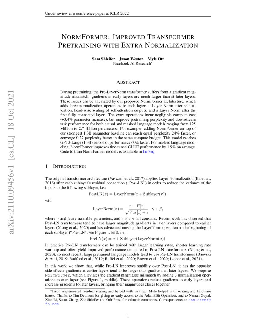 NormFormer: Improved Transformer Pretraining with Extra Normalization | DeepAI