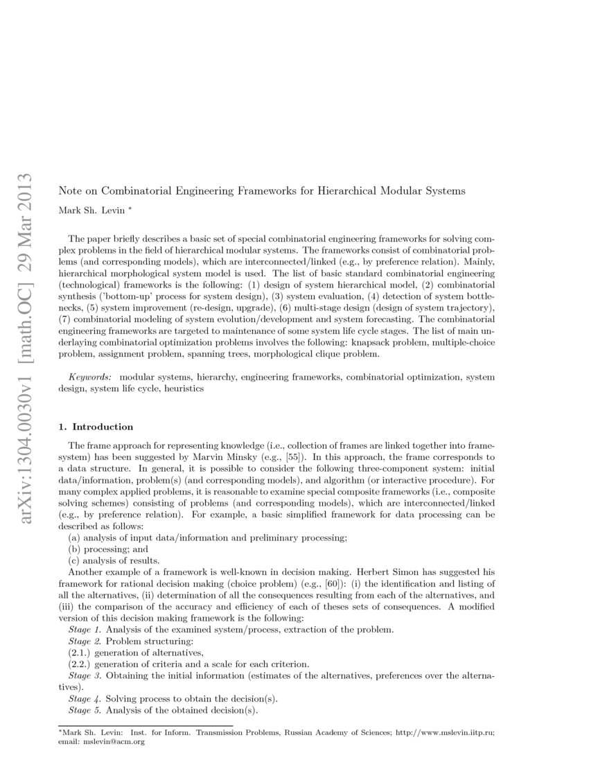 Note On Combinatorial Engineering Frameworks For Hierarchical Modular 1158