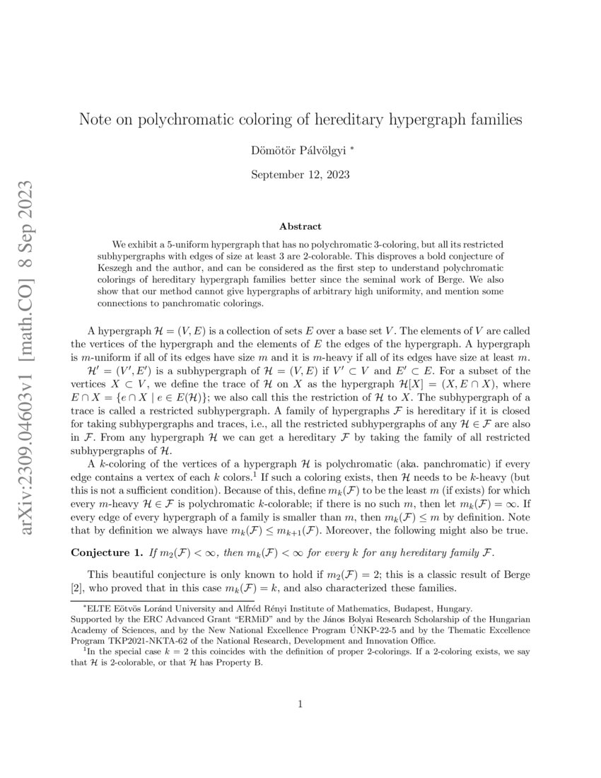 Note on polychromatic coloring of hereditary hypergraph families | DeepAI