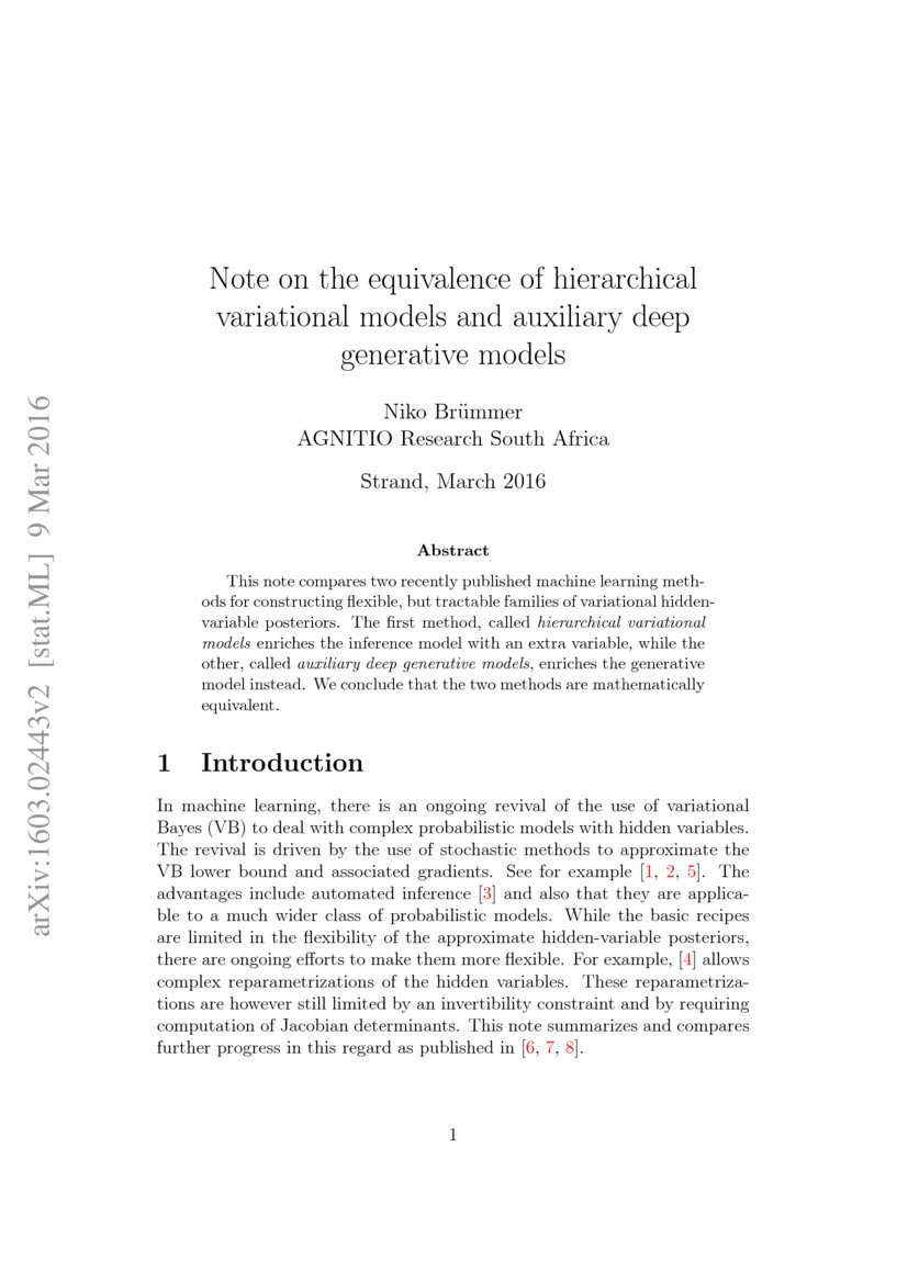 Note On The Equivalence Of Hierarchical Variational Models And Auxiliary Deep Generative Models