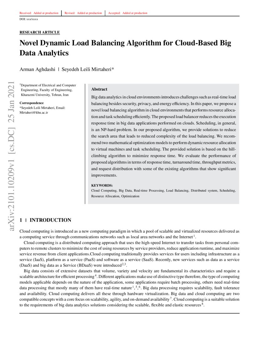 Novel Dynamic Load Balancing Algorithm For Cloud Based Big Data Analytics Deepai 