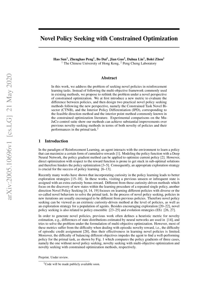 Novel Policy Seeking with Constrained Optimization | DeepAI Novel Policy Seeking with Constrained Optimization | DeepAI