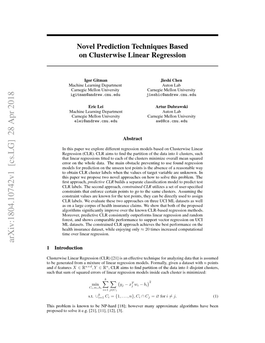 Novel Prediction Techniques Based On Clusterwise Linear Regression Deepai