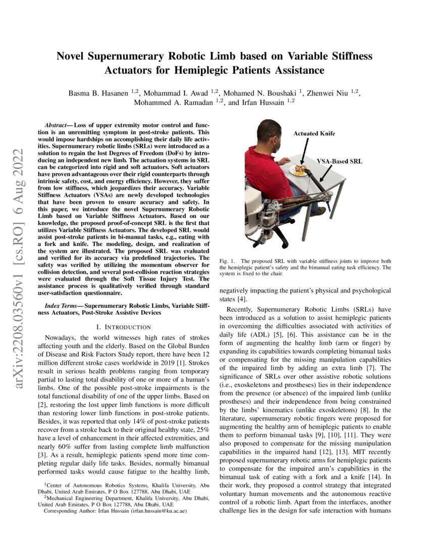 Novel Supernumerary Robotic Limb Based On Variable Stiffness Actuators For Hemiplegic Patients