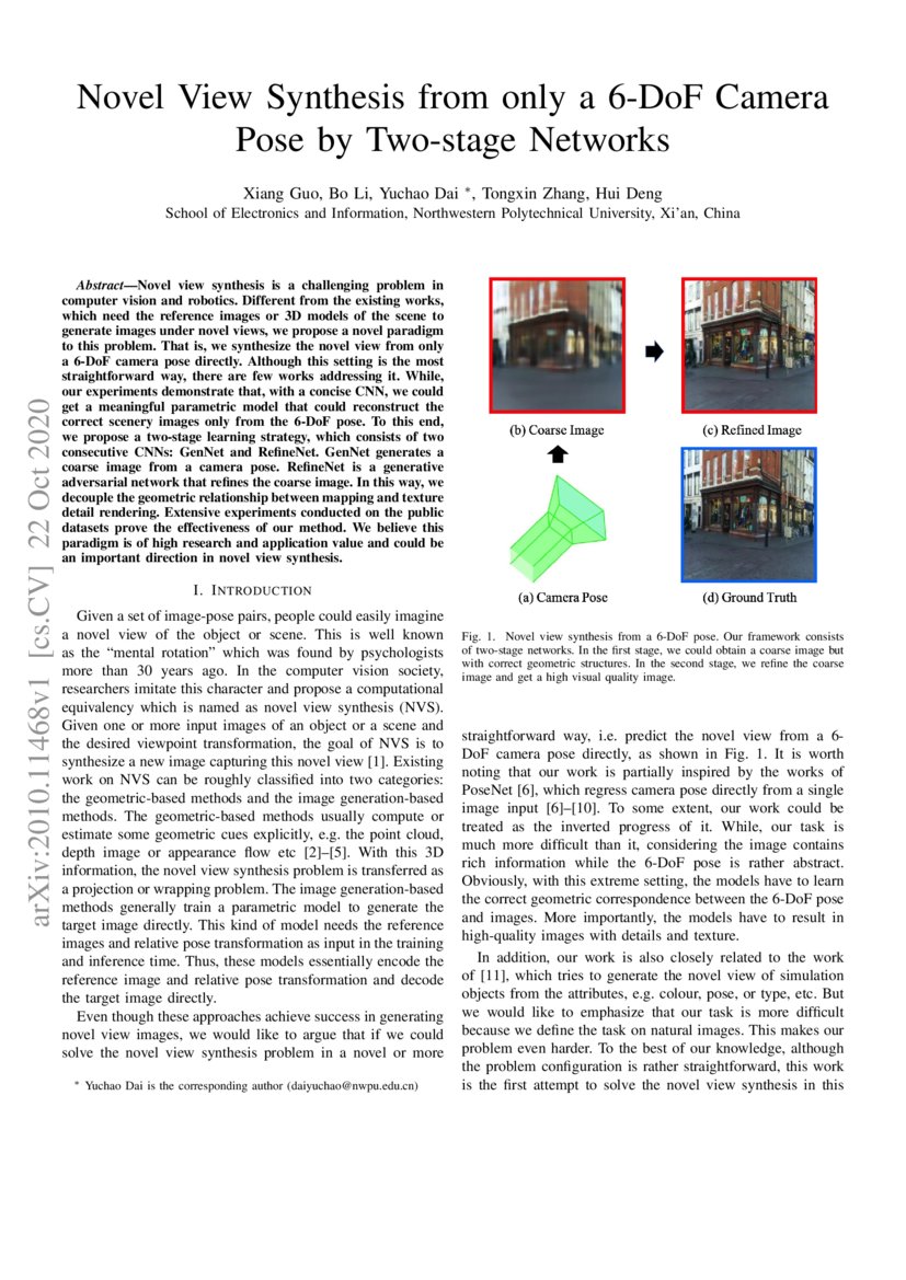 Novel View Synthesis From Only A 6 Dof Camera Pose By Two Stage Networks Deepai