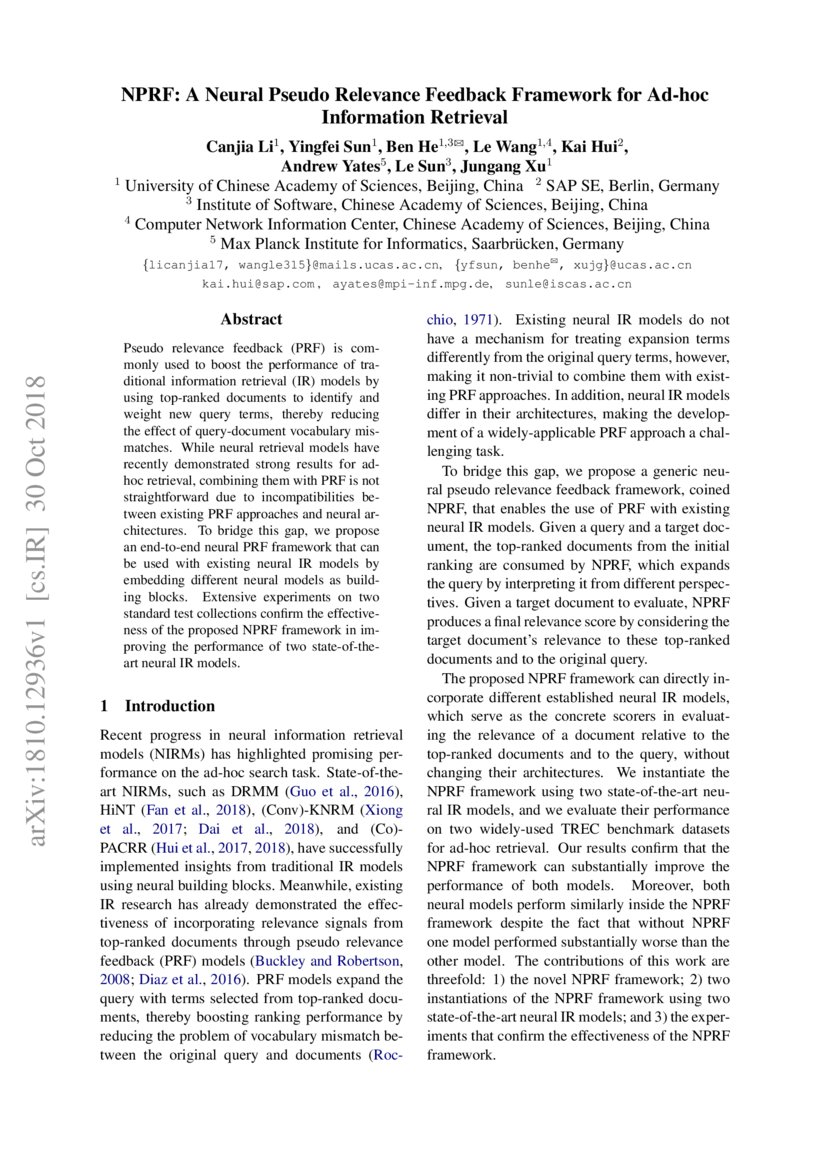 Nprf A Neural Pseudo Relevance Feedback Framework For Ad Hoc
