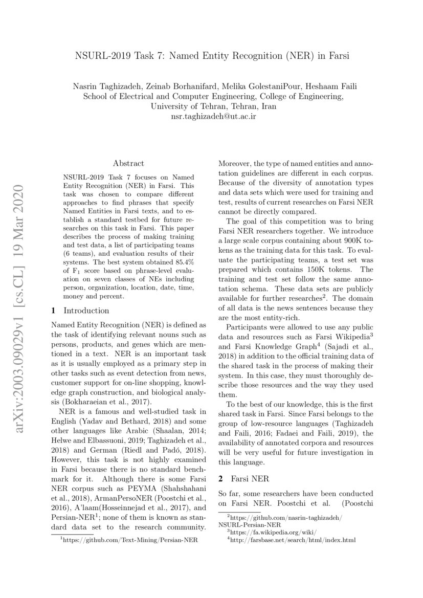 NSURL-2019 Task 7: Named Entity Recognition (NER) in Farsi | DeepAI