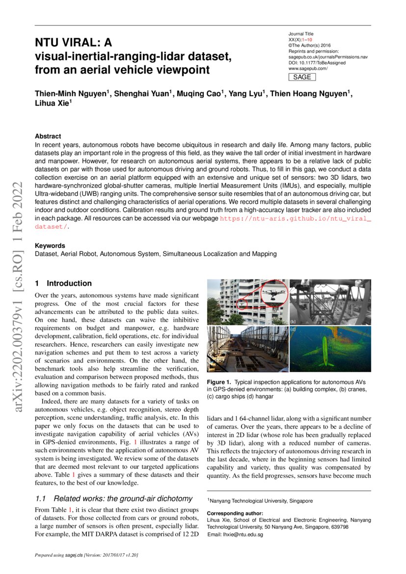 NTU VIRAL: A Visual-Inertial-Ranging-Lidar Dataset, From an Aerial Vehicle Viewpoint | DeepAI
