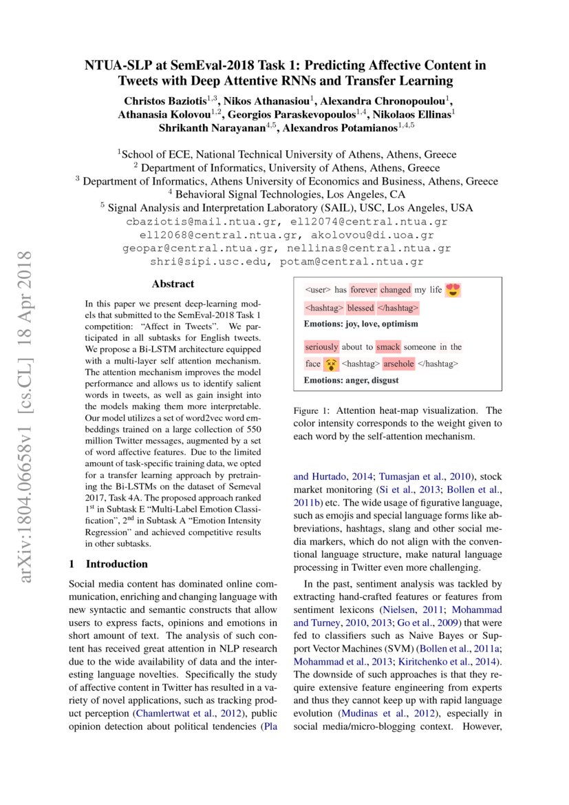 Ntua Slp At Semeval 2018 Task 1 Predicting Affective Content In Tweets