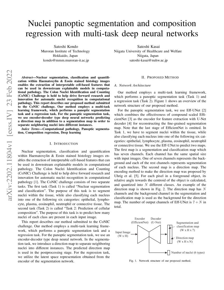 Nuclei Panoptic Segmentation And Composition Regression With Multi Task Deep Neural Networks