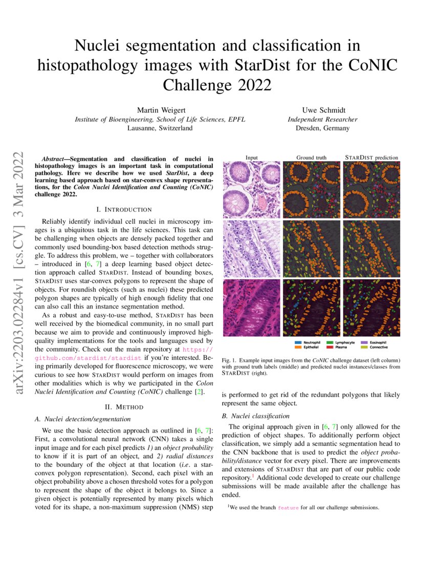 Nuclei Segmentation And Classification In Histopathology Images With Stardist For The Conic