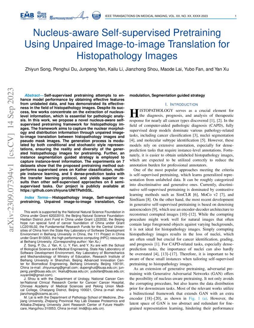 Nucleus-aware Self-supervised Pretraining Using Unpaired Image-to-image Translation for ...