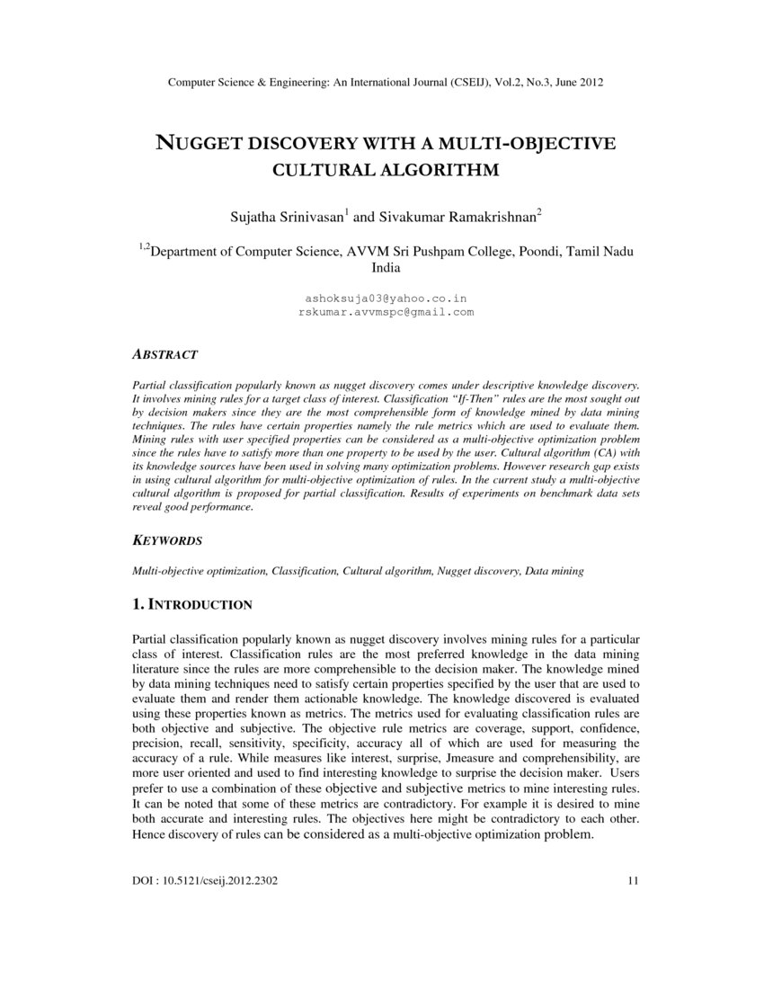 Nugget Discovery with a Multi-objective Cultural Algorithm | DeepAI