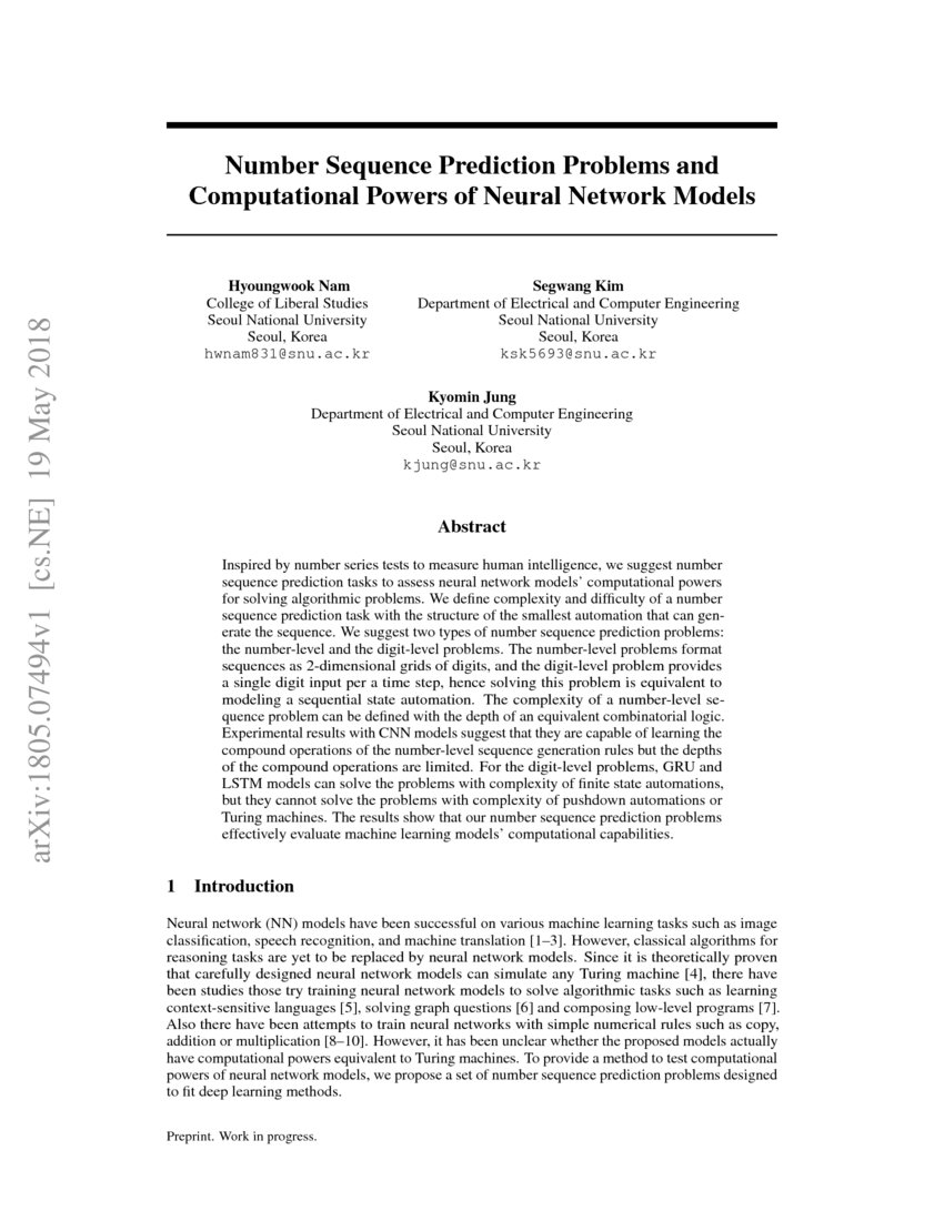 Number Sequence Prediction Problems and Computational Powers of Neural Network Models | DeepAI