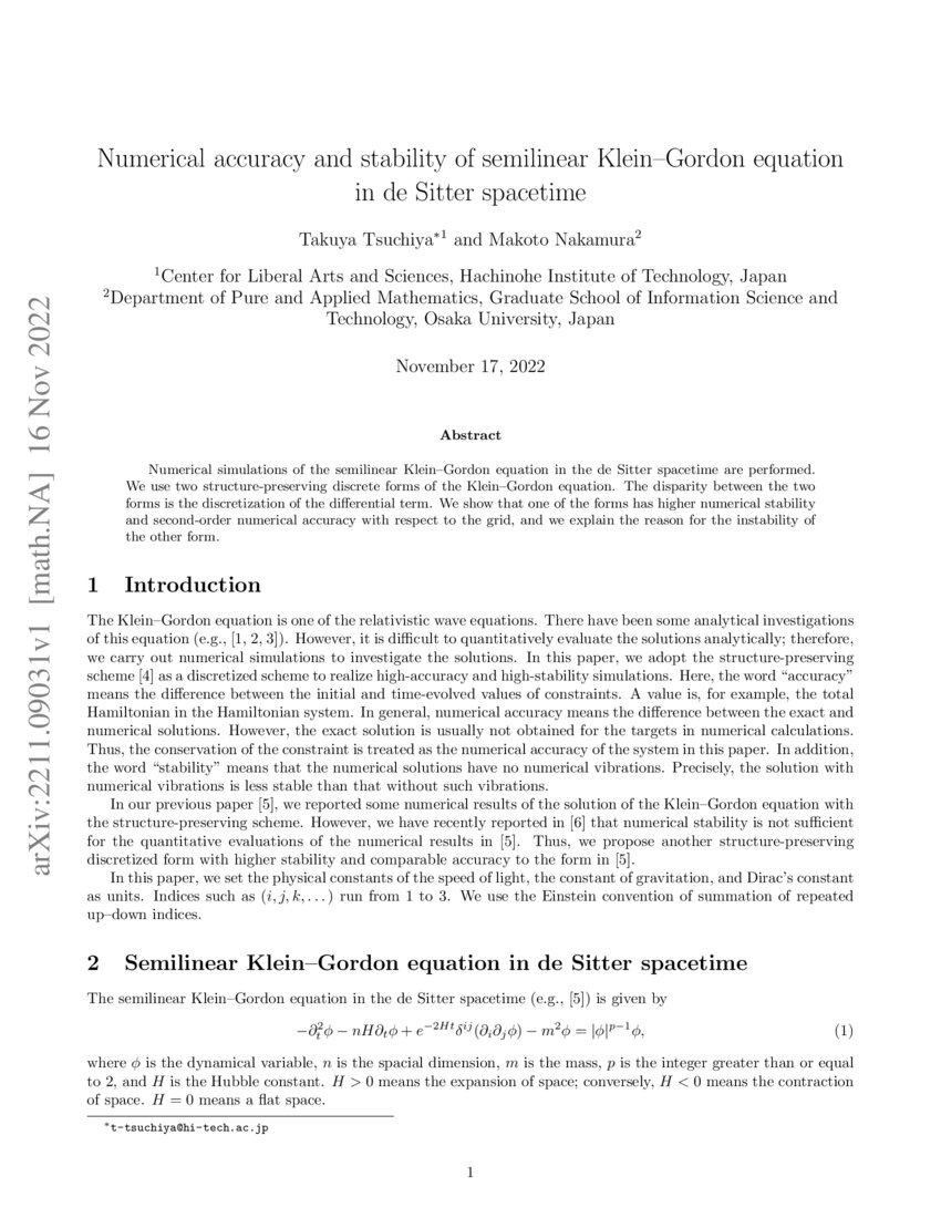 Numerical accuracy and stability of semilinear Klein–Gordon equation in de Sitter spacetime | DeepAI