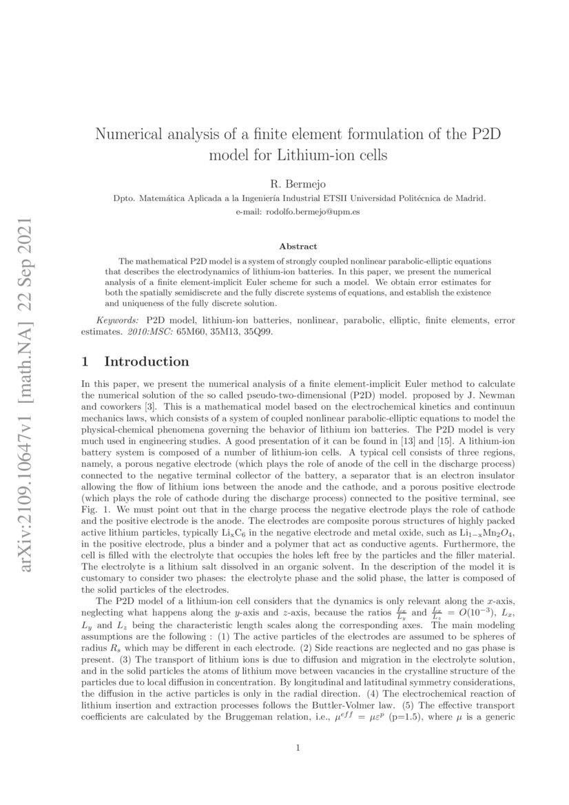 Numerical analysis of a finite element formulation of the P2D model for Lithium-ion cells | DeepAI