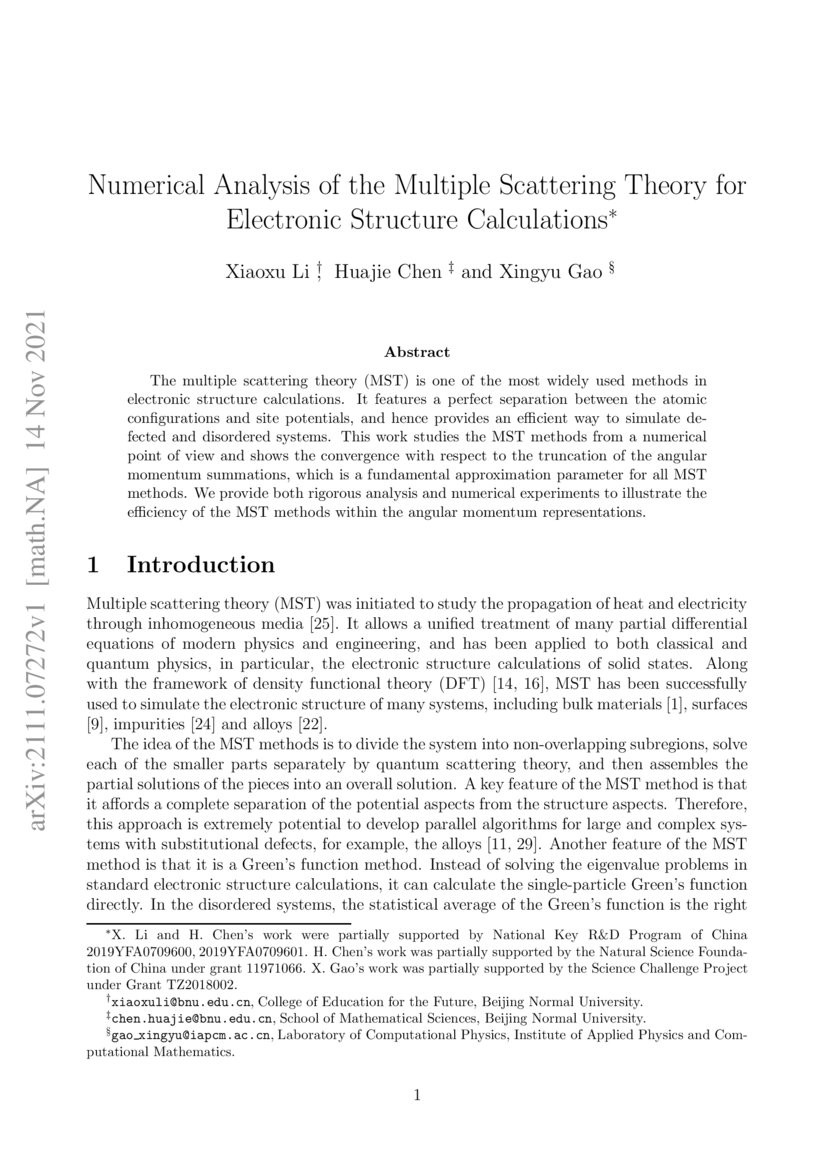 Numerical Analysis of the Multiple Scattering Theory for Electronic ...