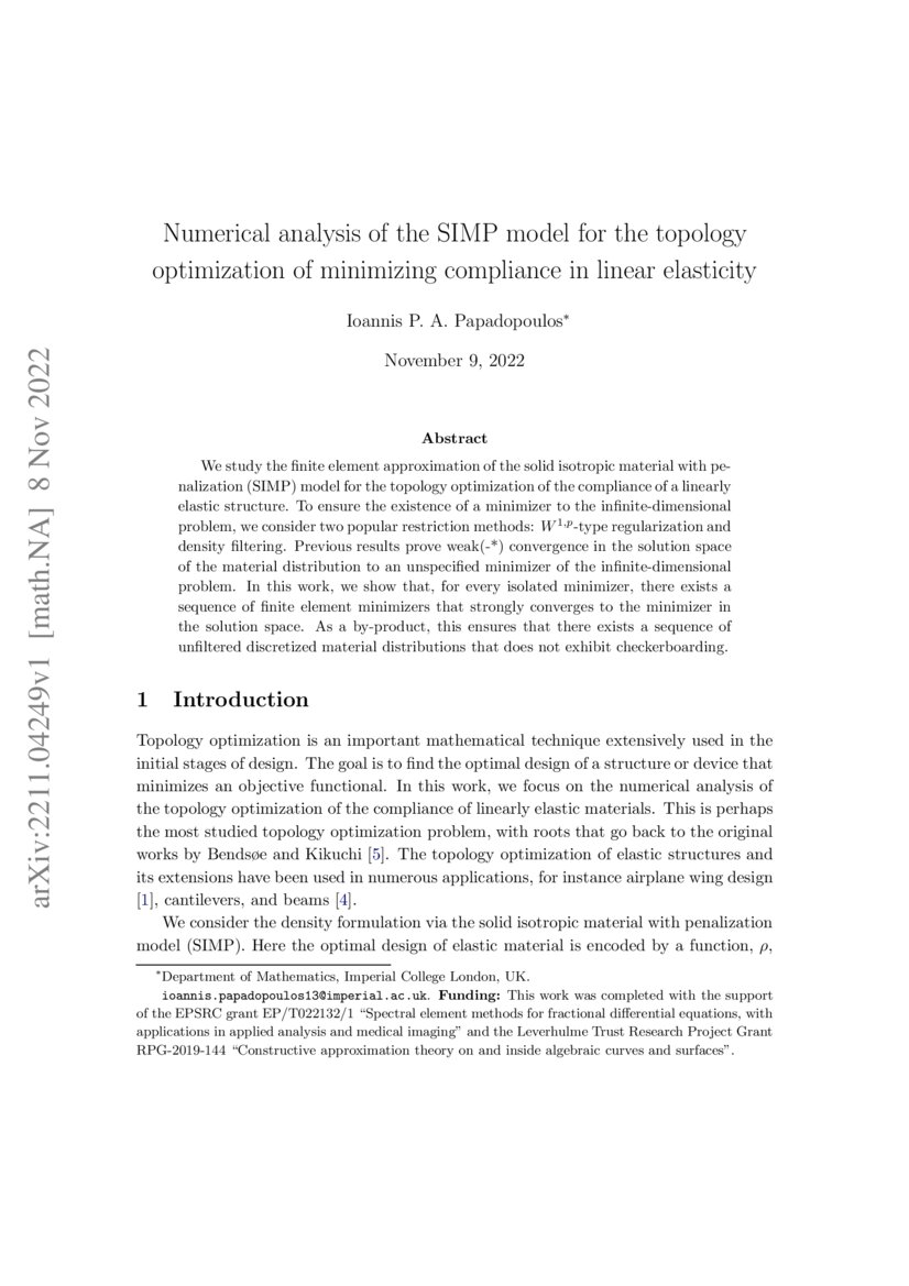 Numerical analysis of the SIMP model for the topology optimization of minimizing compliance in ...
