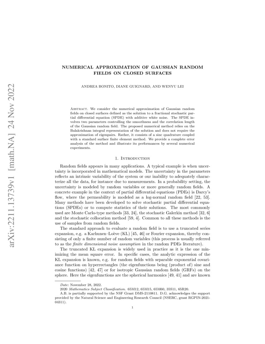 Numerical Approximation Of Gaussian Random Fields On Closed Surfaces Deepai
