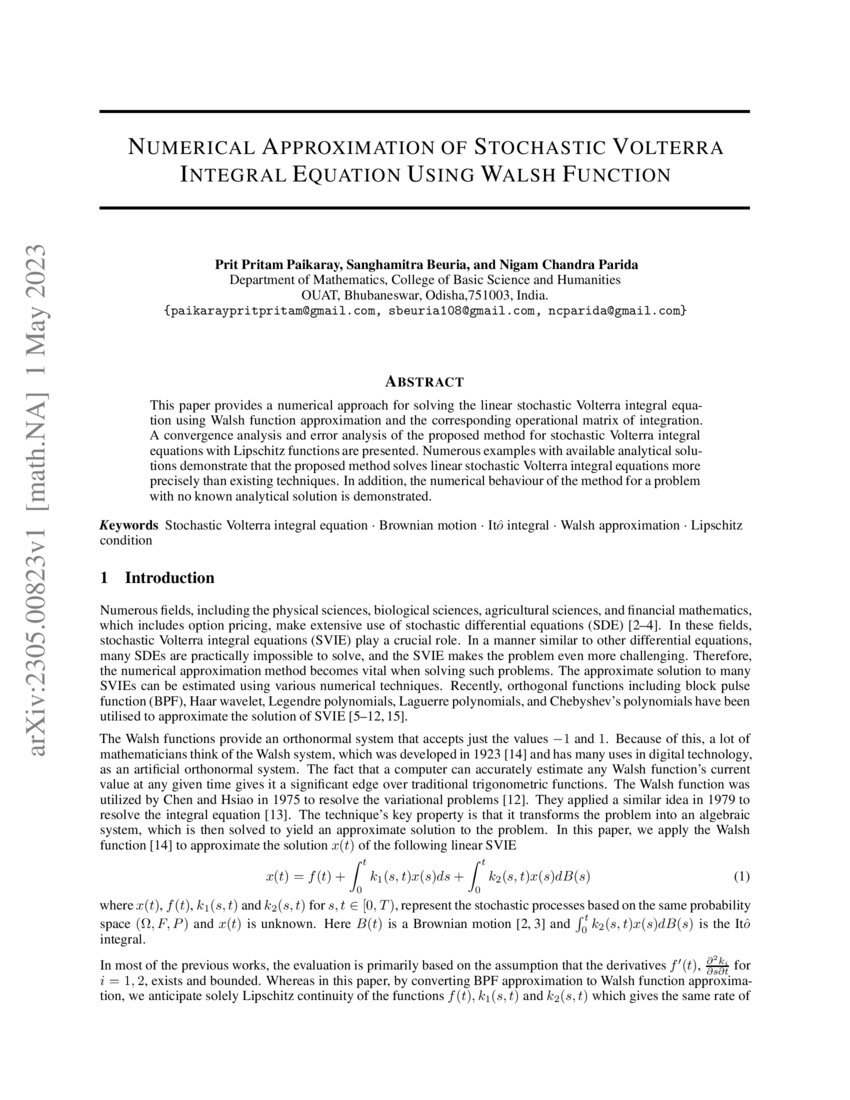 Numerical Approximation Of Stochastic Volterra Integral Equation Using Walsh Function Deepai 