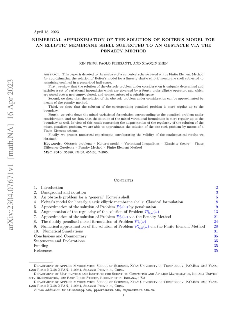 Numerical approximation of the solution of Koiter's model for an ...