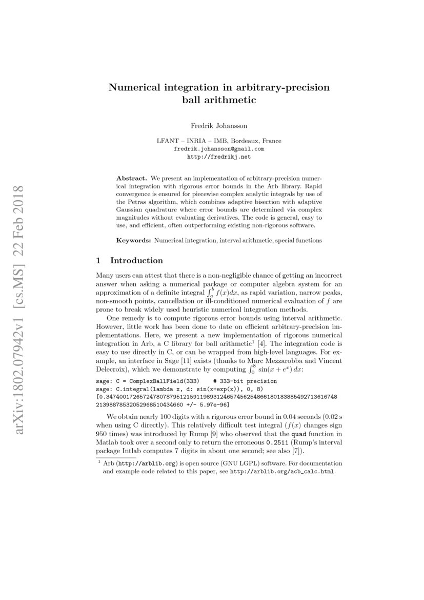 Numerical Integration In Arbitrary Precision Ball Arithmetic Deepai