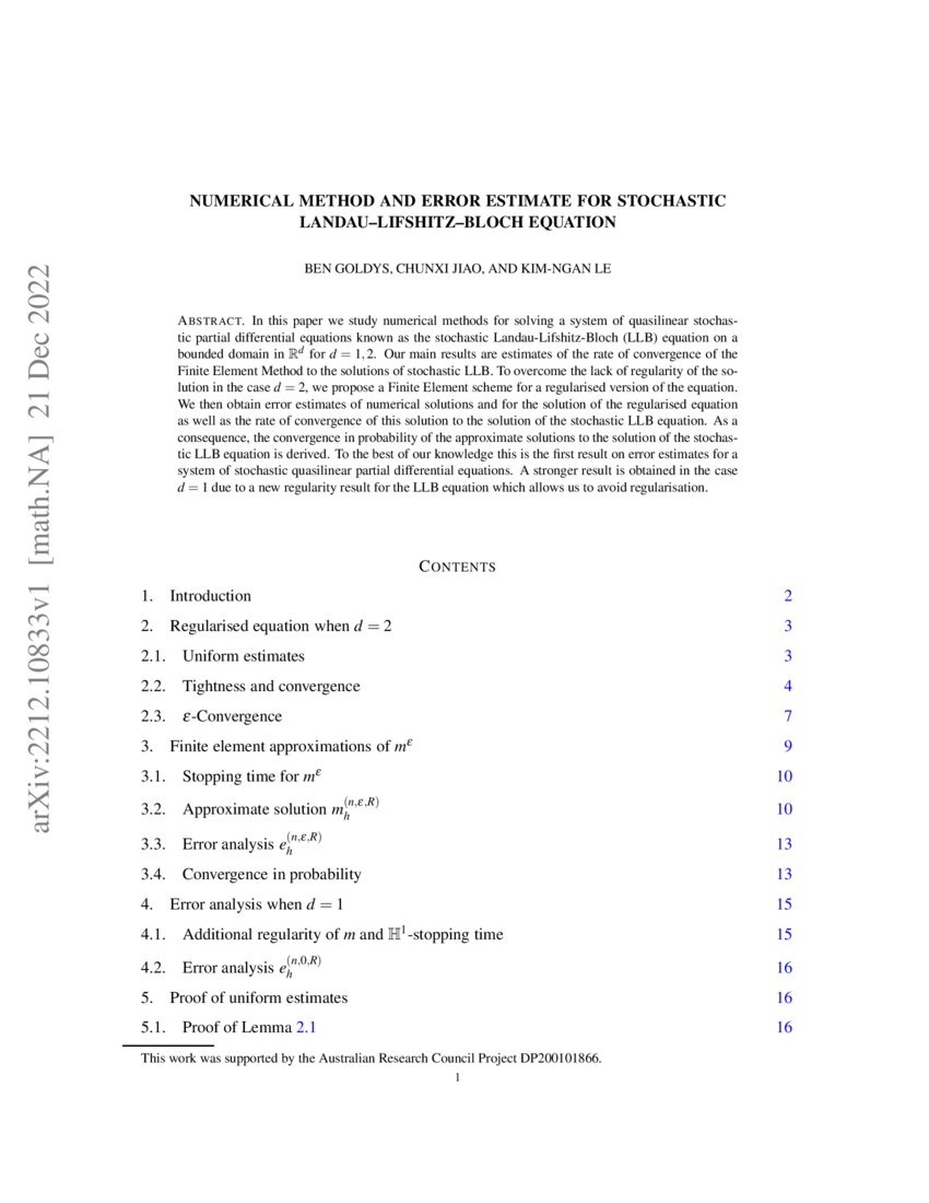 Numerical method and Error estimate for stochastic Landau–Lifshitz–Bloch equation | DeepAI