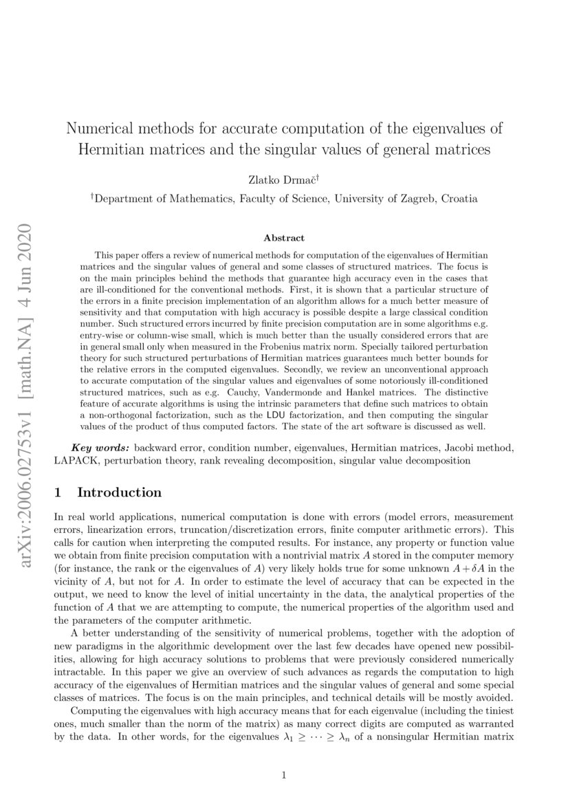 Numerical Methods For Accurate Computation Of The Eigenvalues Of