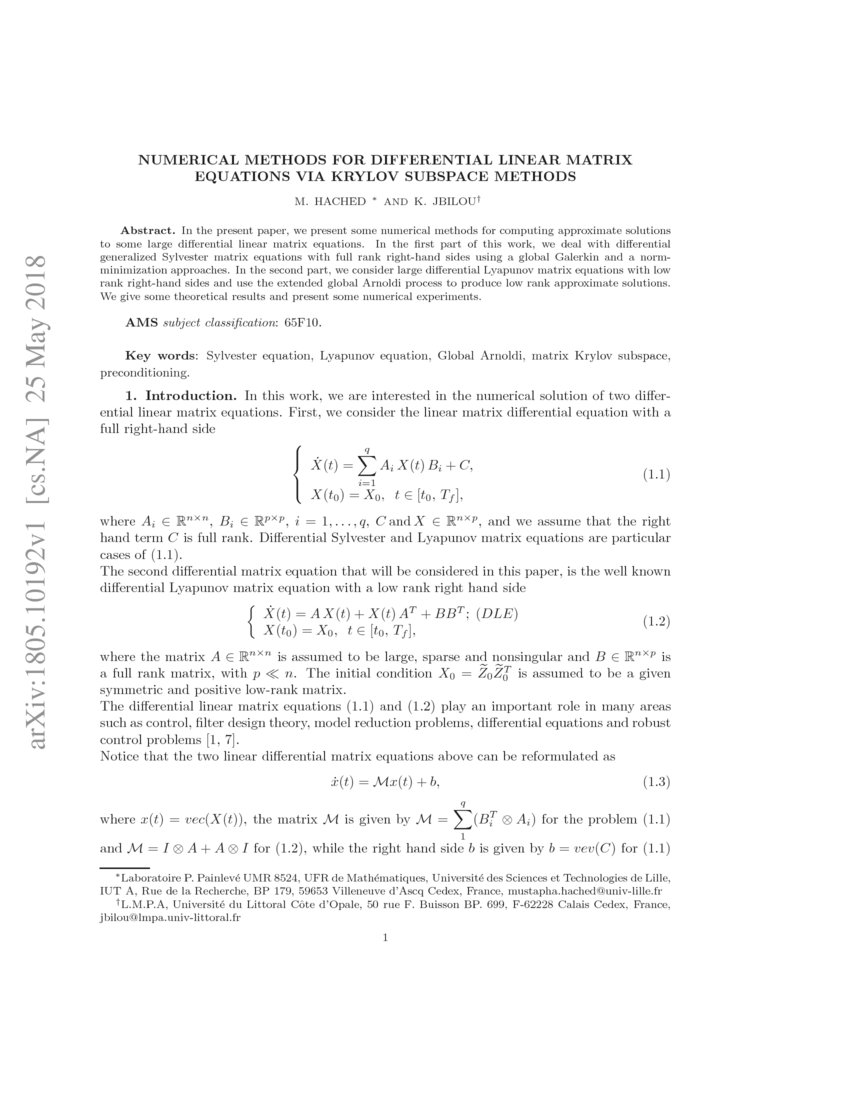 Numerical methods for differential linear matrix equations via Krylov subspace methods | DeepAI