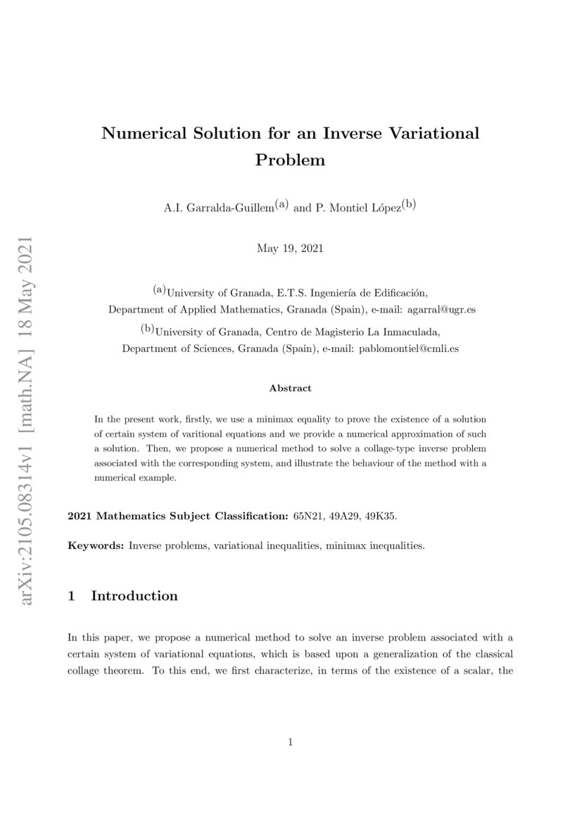 Numerical Solution For An Inverse Variational Problem Deepai