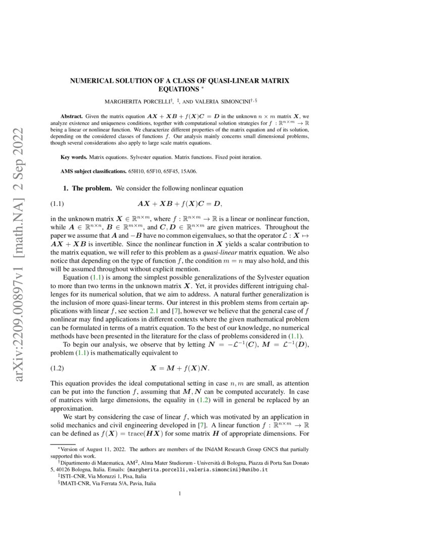 Numerical Solution Of A Class Of Quasi Linear Matrix Equations Deepai
