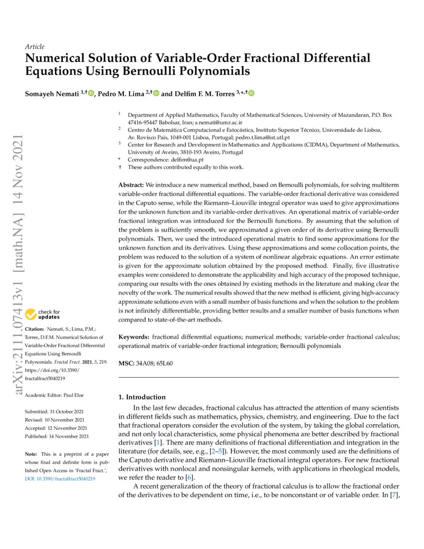 Numerical Solution Of Variable Order Fractional Differential Equations Using Bernoulli