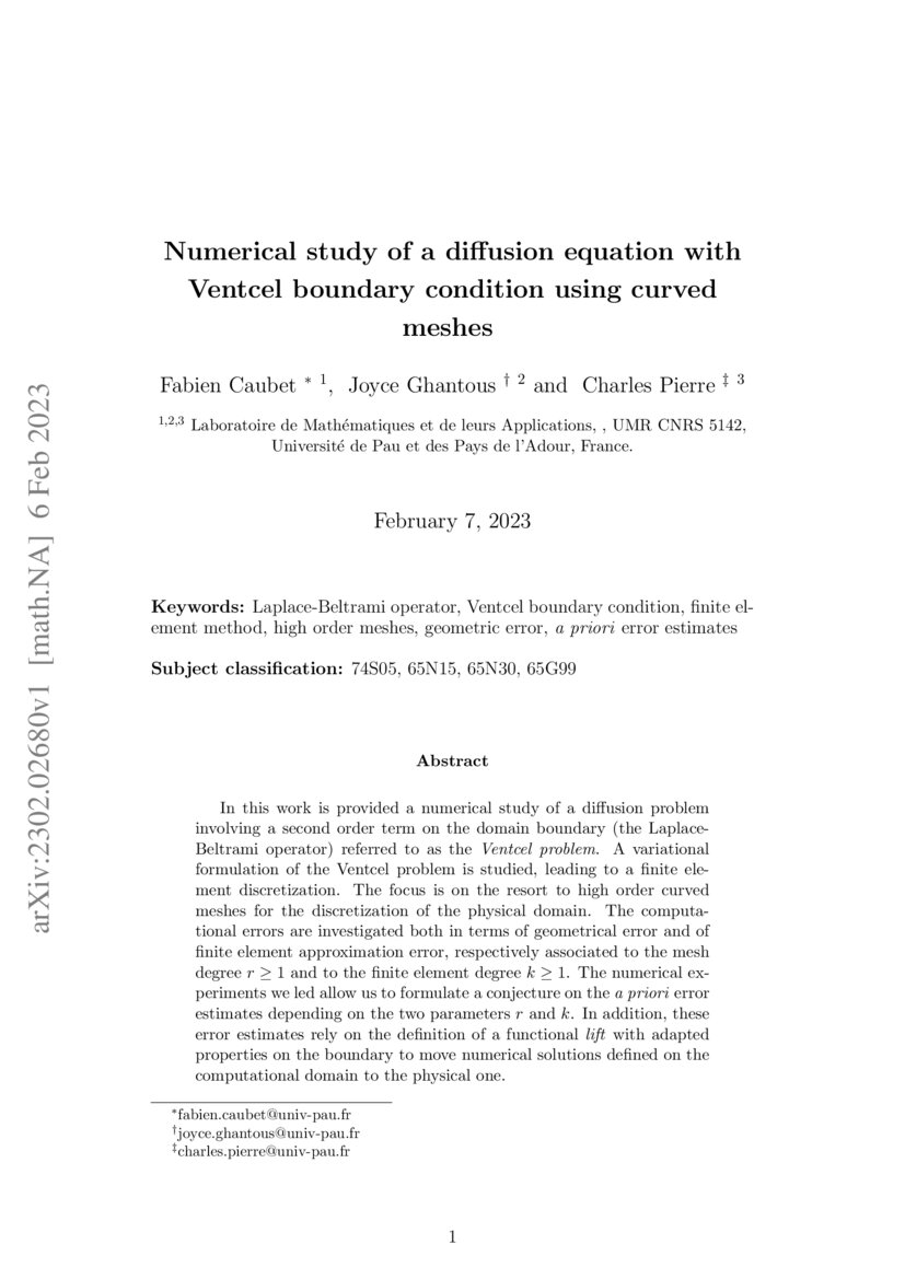 Numerical study of a diffusion equation with Ventcel boundary condition using curved meshes | DeepAI