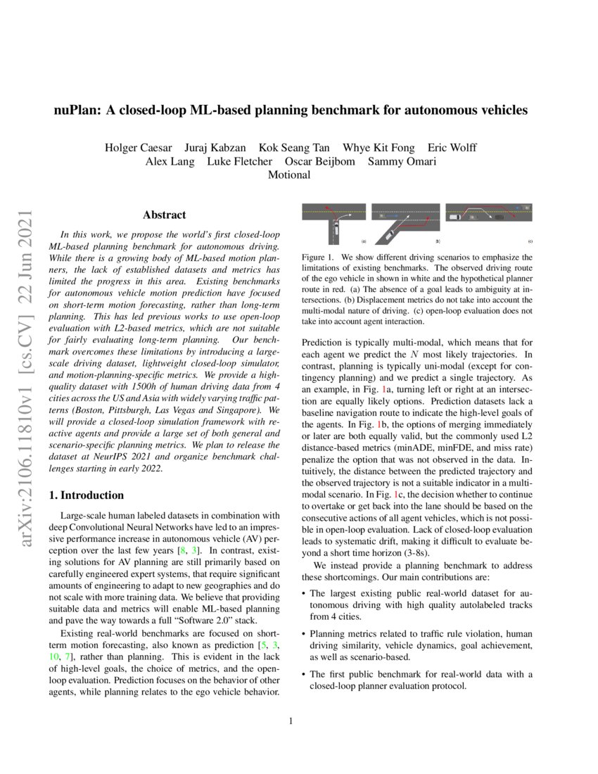 nuPlan: A closed-loop ML-based planning benchmark for autonomous ...