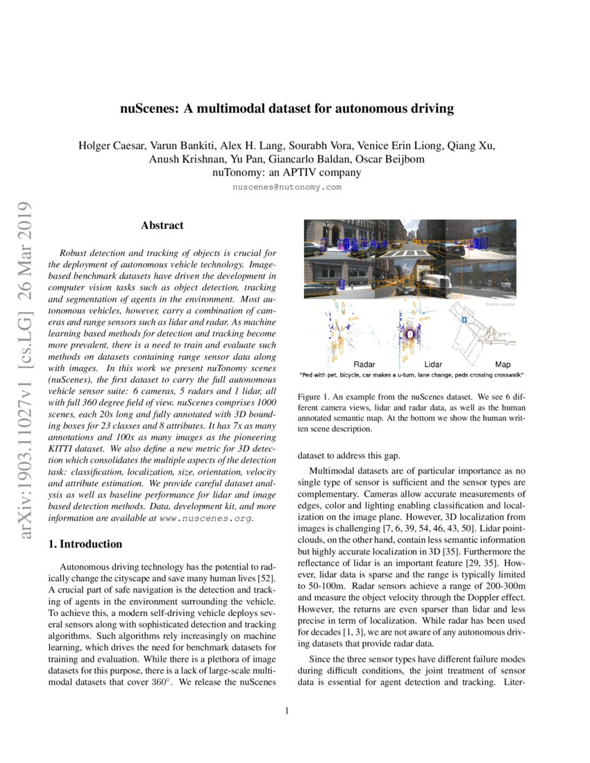 Nuscenes A Multimodal Dataset For Autonomous Driving Deepai