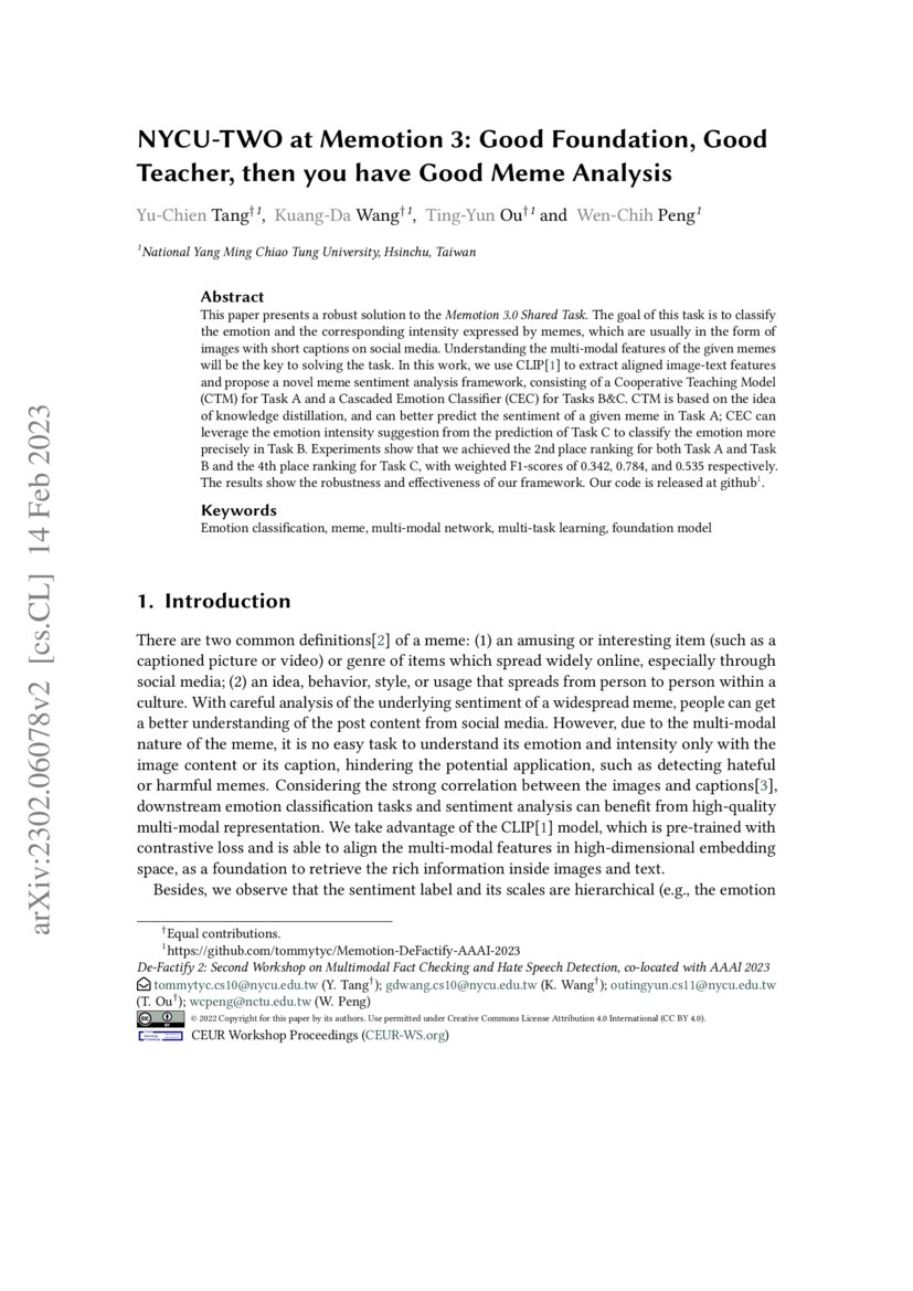 NYCU-TWO at Memotion 3: Good Foundation, Good Teacher, then you have Good Meme Analysis | DeepAI