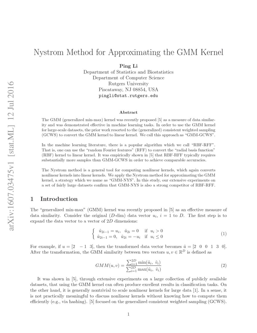 Nystrom Method for Approximating the GMM Kernel | DeepAI