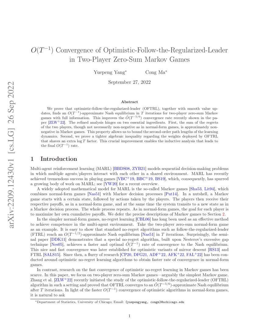 O T 1 Convergence Of Optimistic Follow The Regularized Leader In Two Player Zero Sum Markov