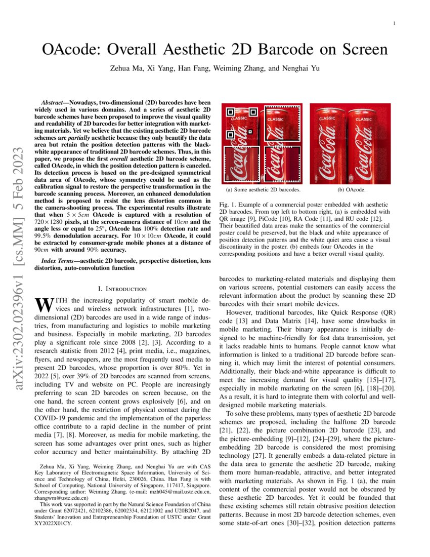 OAcode: Overall Aesthetic 2D Barcode on Screen | DeepAI