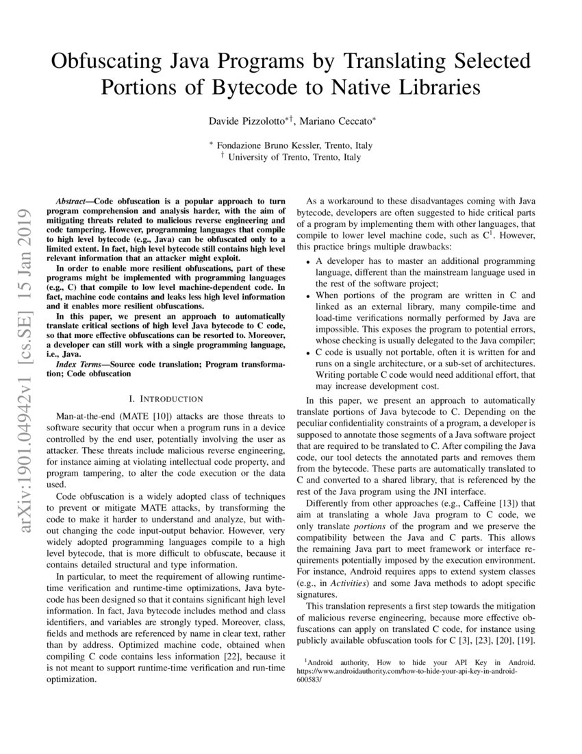 Obfuscating Java Programs by Translating Selected Portions of Bytecode to Native Libraries | DeepAI